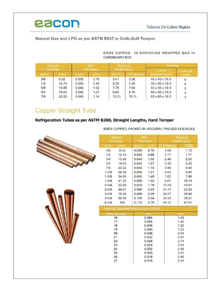 Ficha Tecnica Tuberia de Cobre EACON | PDF