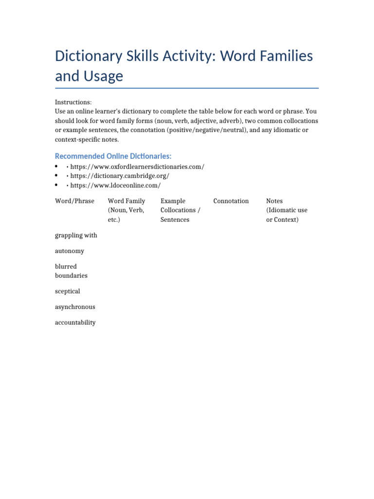 Word Families and Usage Activity Guide | PDF