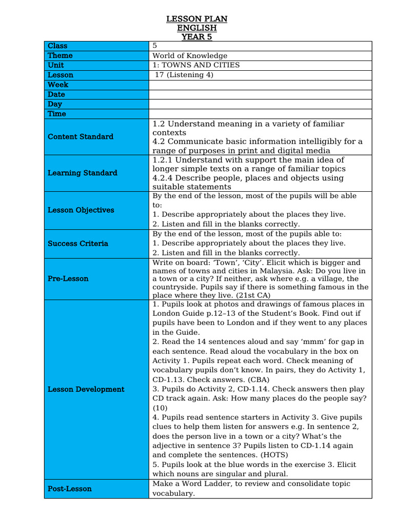 RPH English Year 5 Unit 1 | PDF | Lesson Plan | English Language