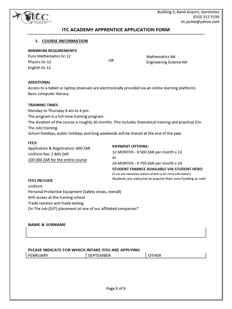 ITC Academy Apprentice Application Form | PDF | Salary | Fee