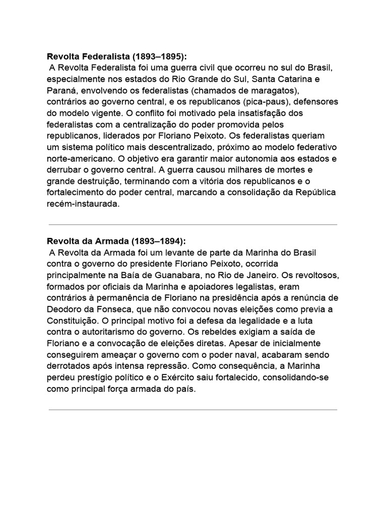 Revolta Federalista no Brasil (1893-1895) | PDF | Brasil