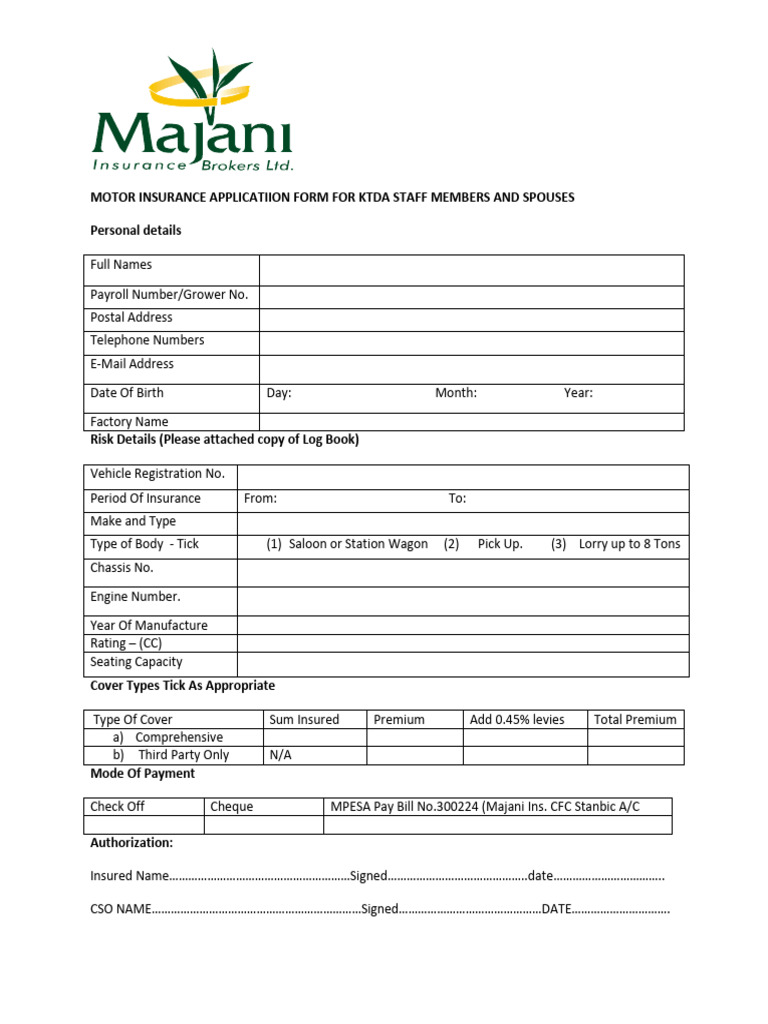 KTDA Staff Motor Insurance Application Form | PDF
