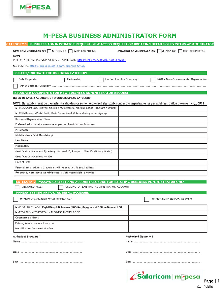 M-PESA Business Administrator Form 2024 | PDF | Business | Identity ...