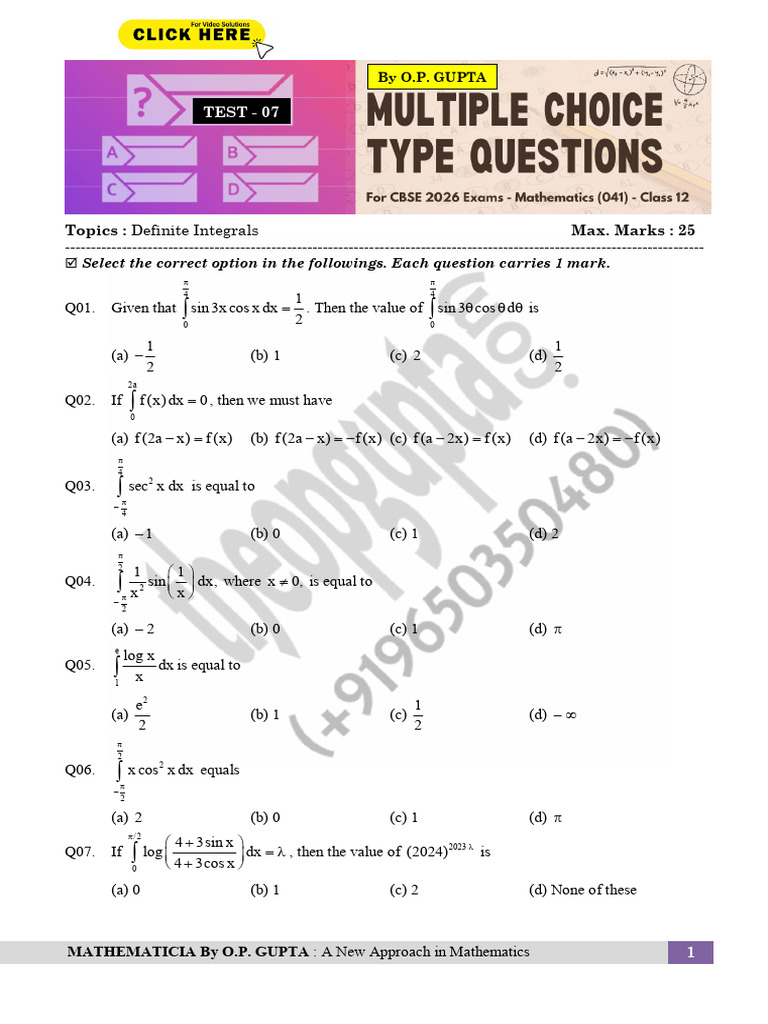 MCQs on Definite Integrals for Class 12 | PDF | Multiple Choice ...
