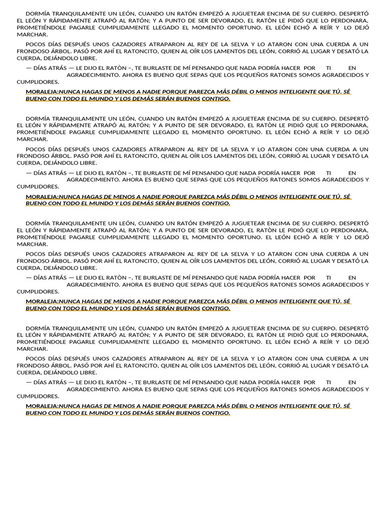 Dormía Tranquilamente Un León Fabula | PDF