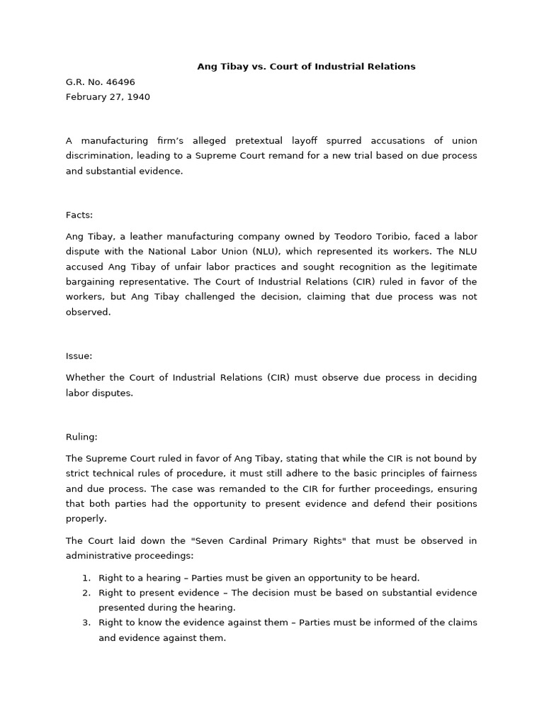 Ang Tibay vs. Court of Industrial Relations | PDF | Due Process ...