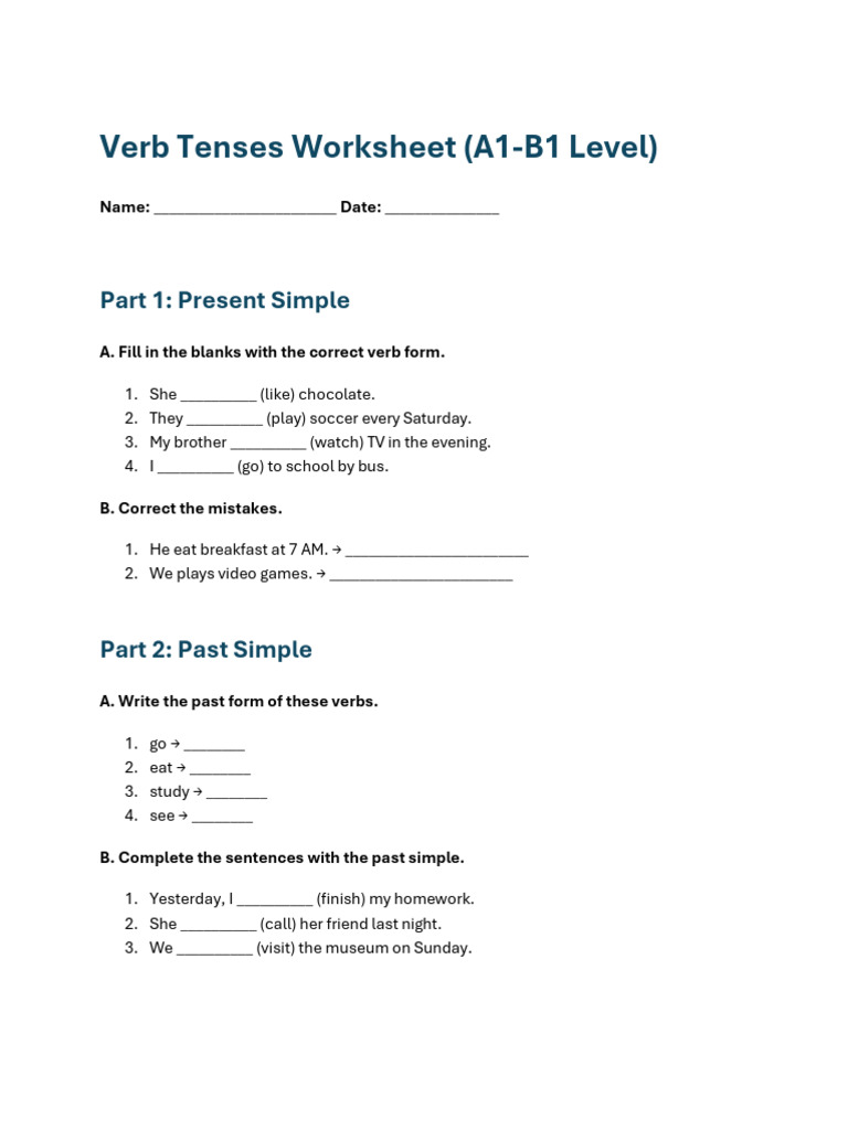 Verb Tenses Worksheet (A1-B1 Level) | PDF