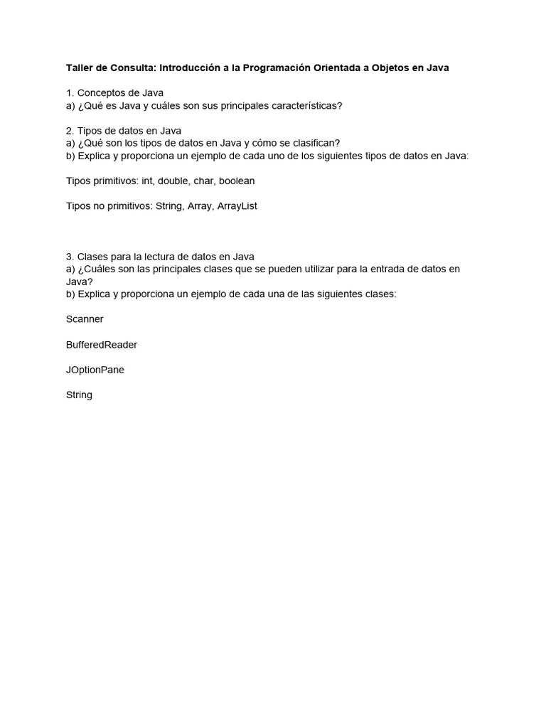 Taller de Consulta - Introducción A La Programación Orientada A Objetos en Java | PDF