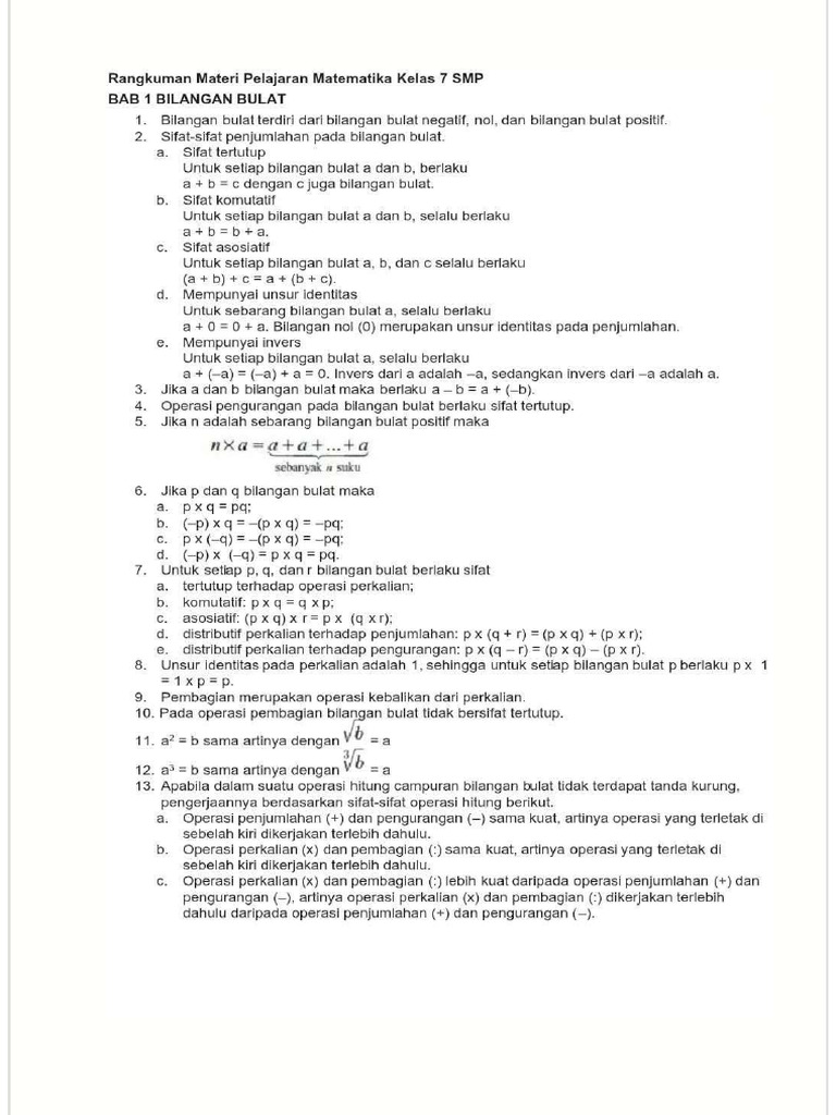 Ringkasan Materi MTK Kelas 7 SMP | PDF