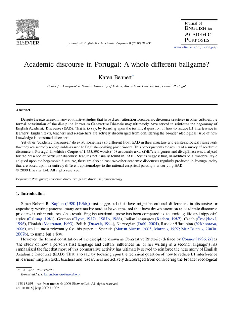 Academic Discourse in Portugal A Whole Di 2010 Journal of English For ...