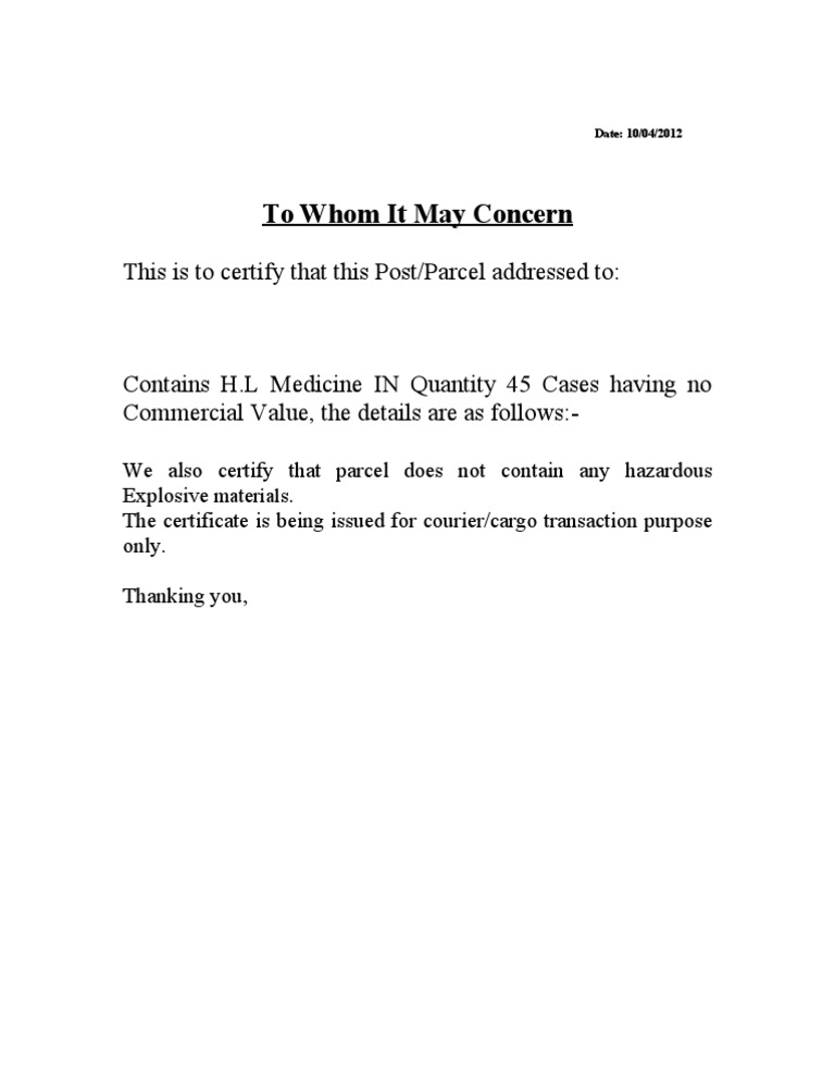 Letter for Non Commercial Value