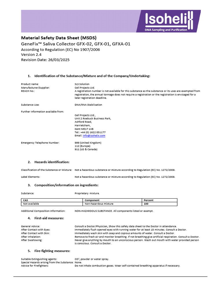 MSDS For GeneFix GFX DNA Collector | PDF | Toxicity | Personal ...