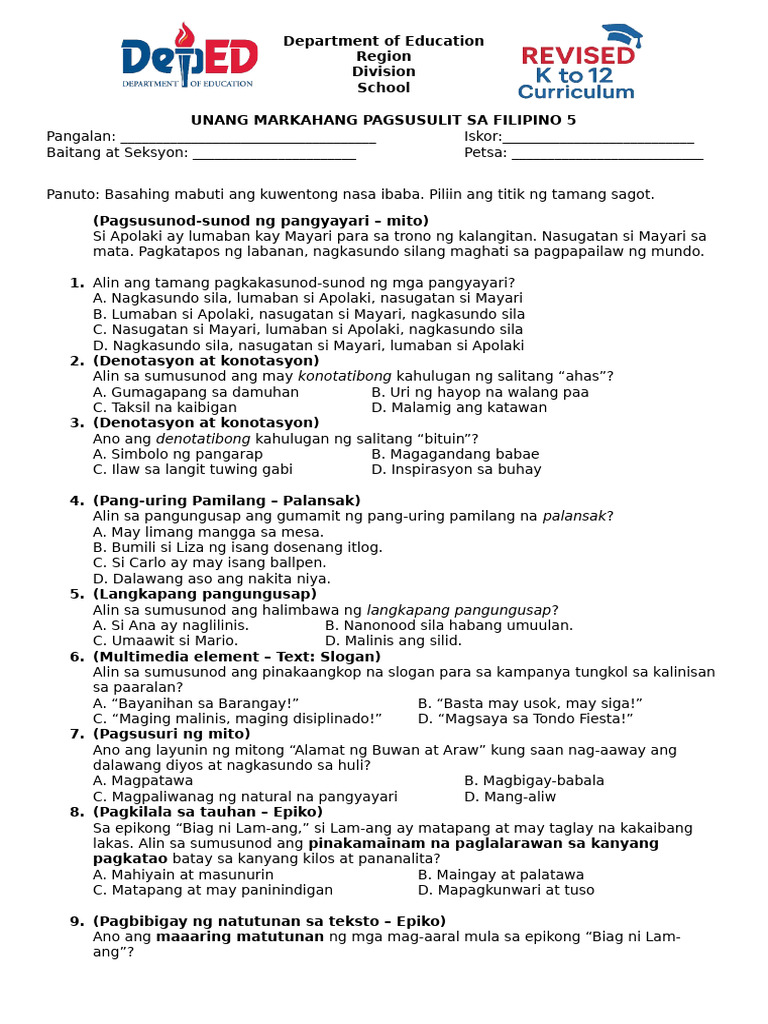 q1 g5 Filipino Periodical Test | PDF