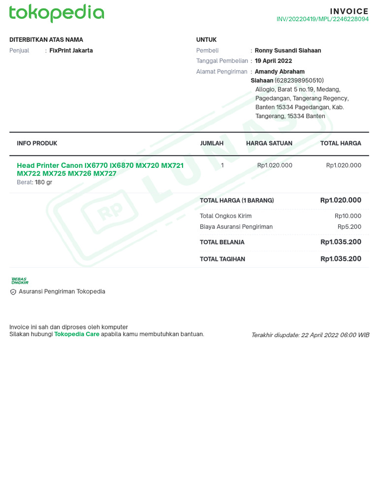 Invoice Pembelian Head Printer Canon | PDF