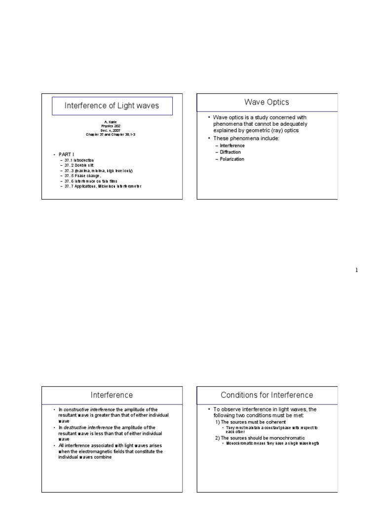 Interference of Light Waves Wave Optics | PDF | Diffraction | Interferometry