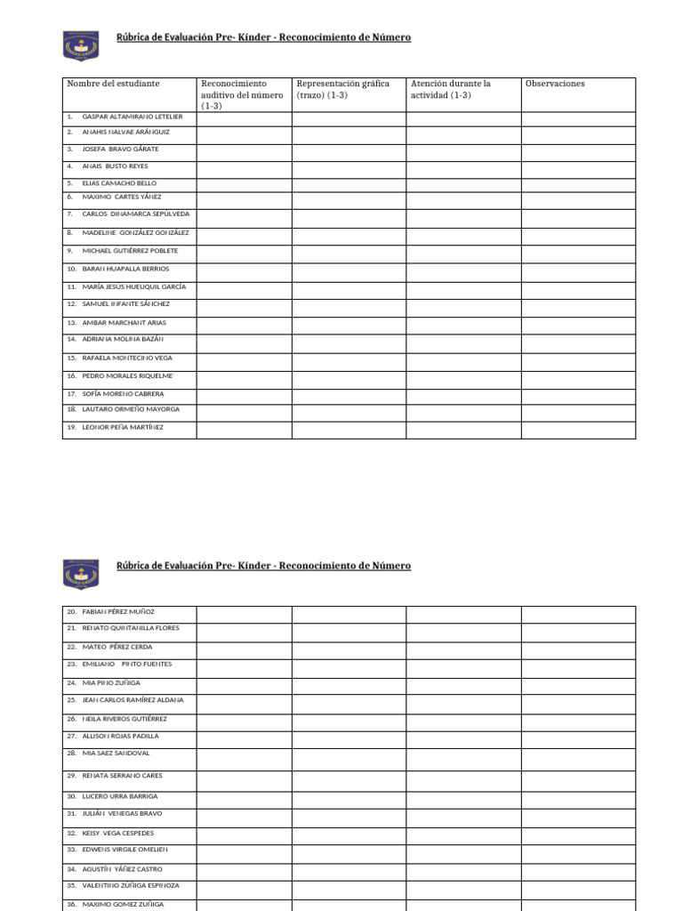 Rúbrica de Evaluación Pre-Kínder Números | PDF