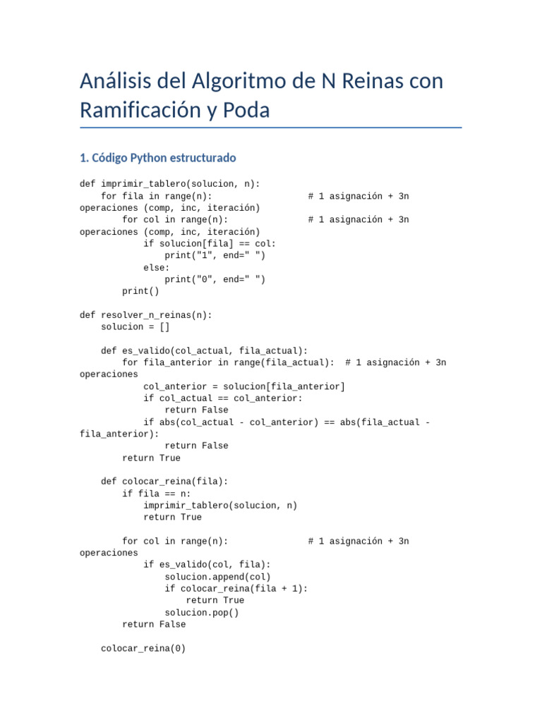 Algoritmo N Reinas: Ramificación y Poda | PDF | Python (lenguaje de ...