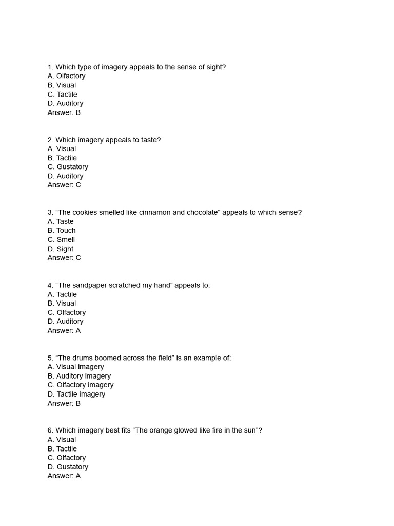 Sensory Imagery and Figurative Language Quiz | PDF | Poetry | Metre ...