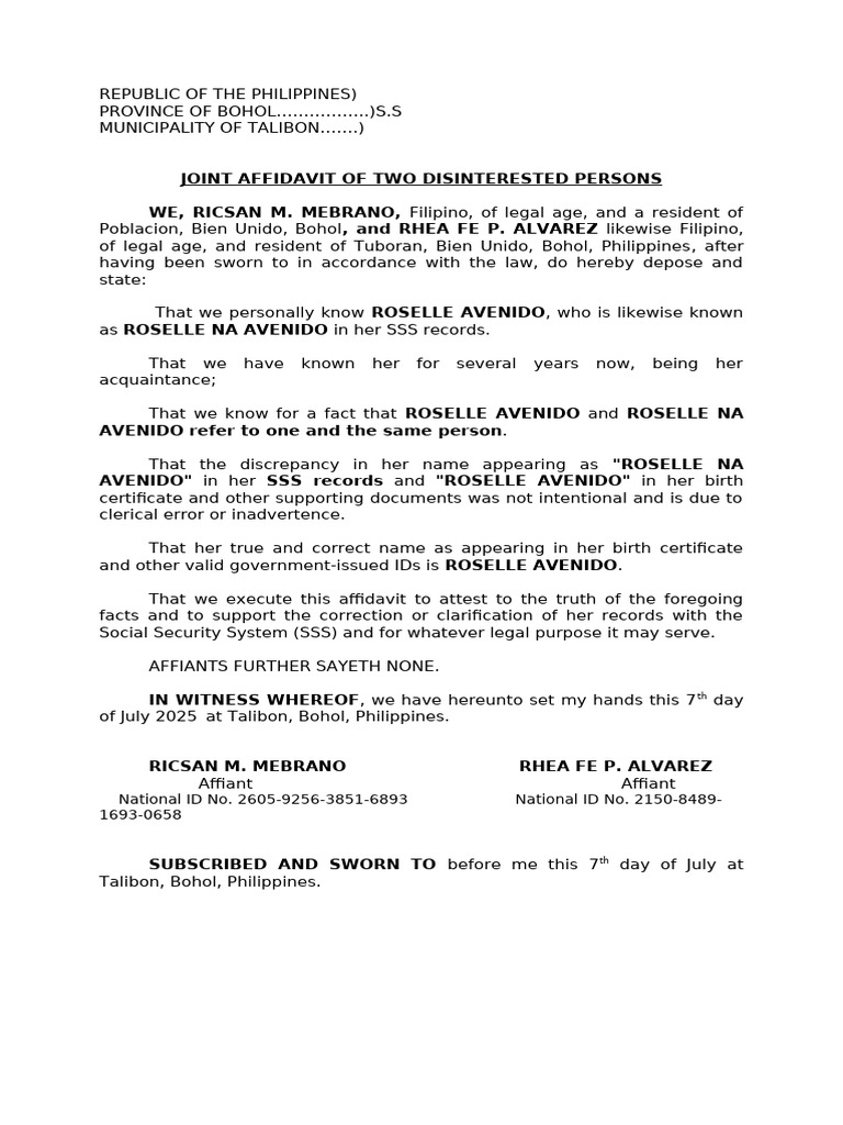 Joint Affidavit of Two Disinterested Persons-sss Discrepancy | PDF