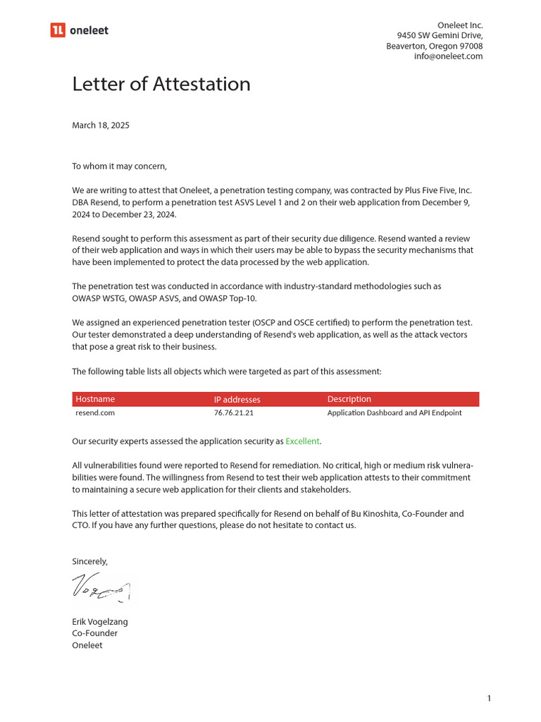 Resend Pen Test Letter of Attestation | PDF