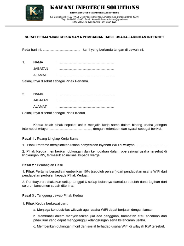Surat Perjanjian Kerja Sama Pembagian Hasil Usaha Jaringan Internet-1 | PDF