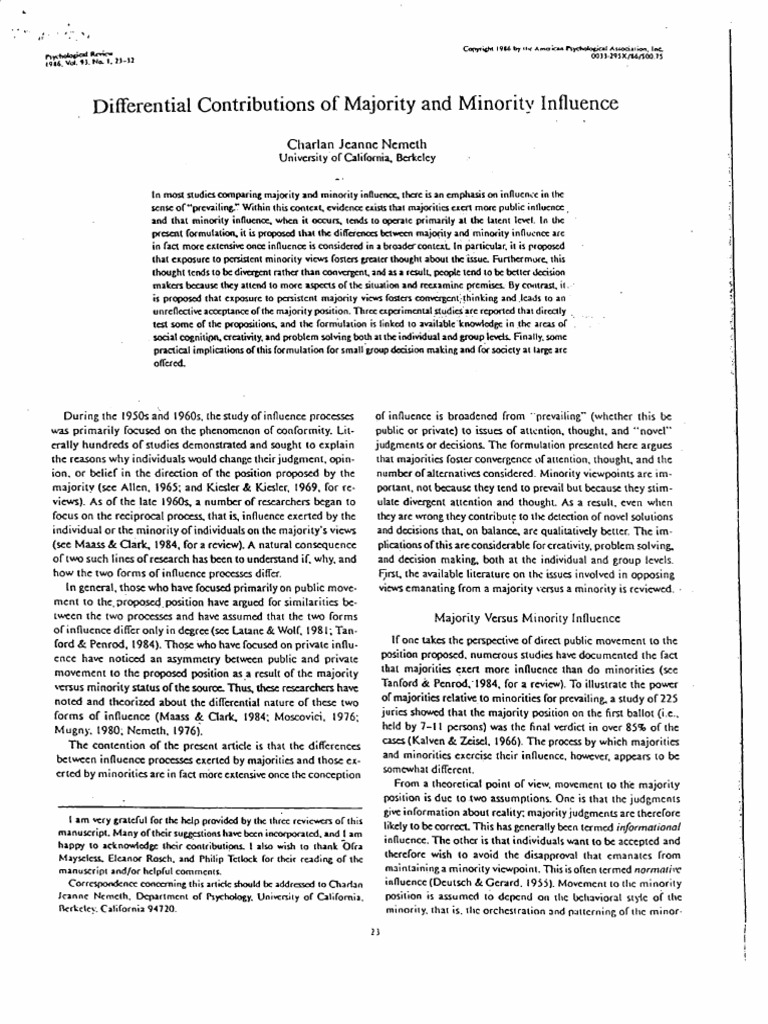 Differential Contributionsof Majorityand Minority Influence | PDF