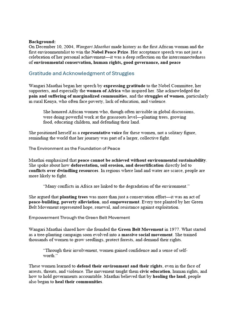Wangari Maathai's Nobel Speech Summary | PDF | Natural Environment