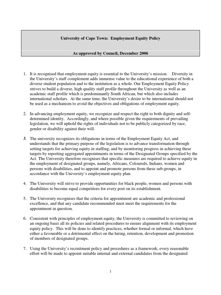 University of Cape Town: Employment Equity Policy | PDF | Affirmative ...