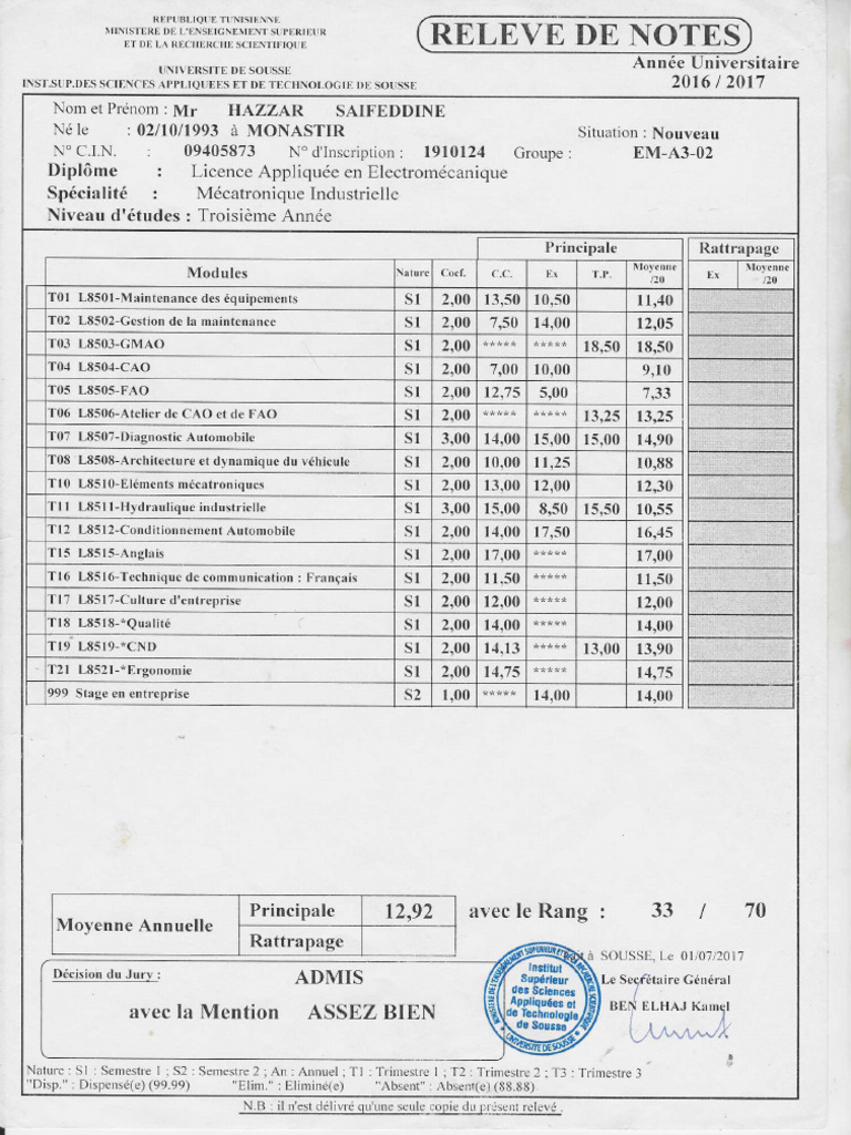 Relevé de Notes | PDF