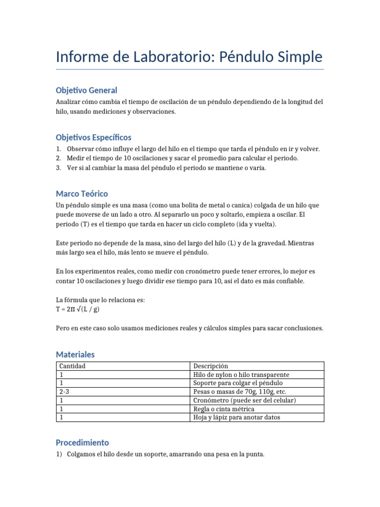 Informe Pendulo Simple | PDF | Péndulo
