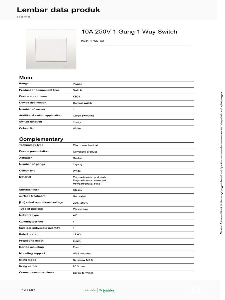 Schneider Electric Vivace KB31 1 WE G3 | PDF | Switch | Alternating Current