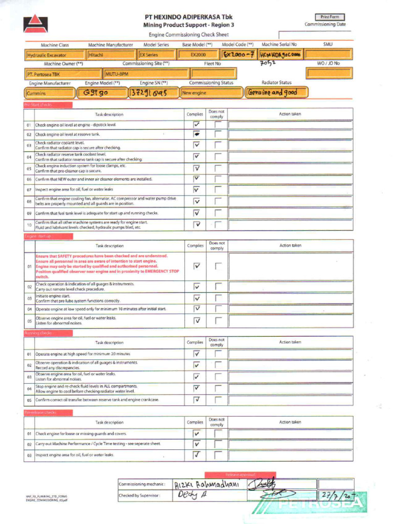 Engine Commissioning Check Sheet | PDF