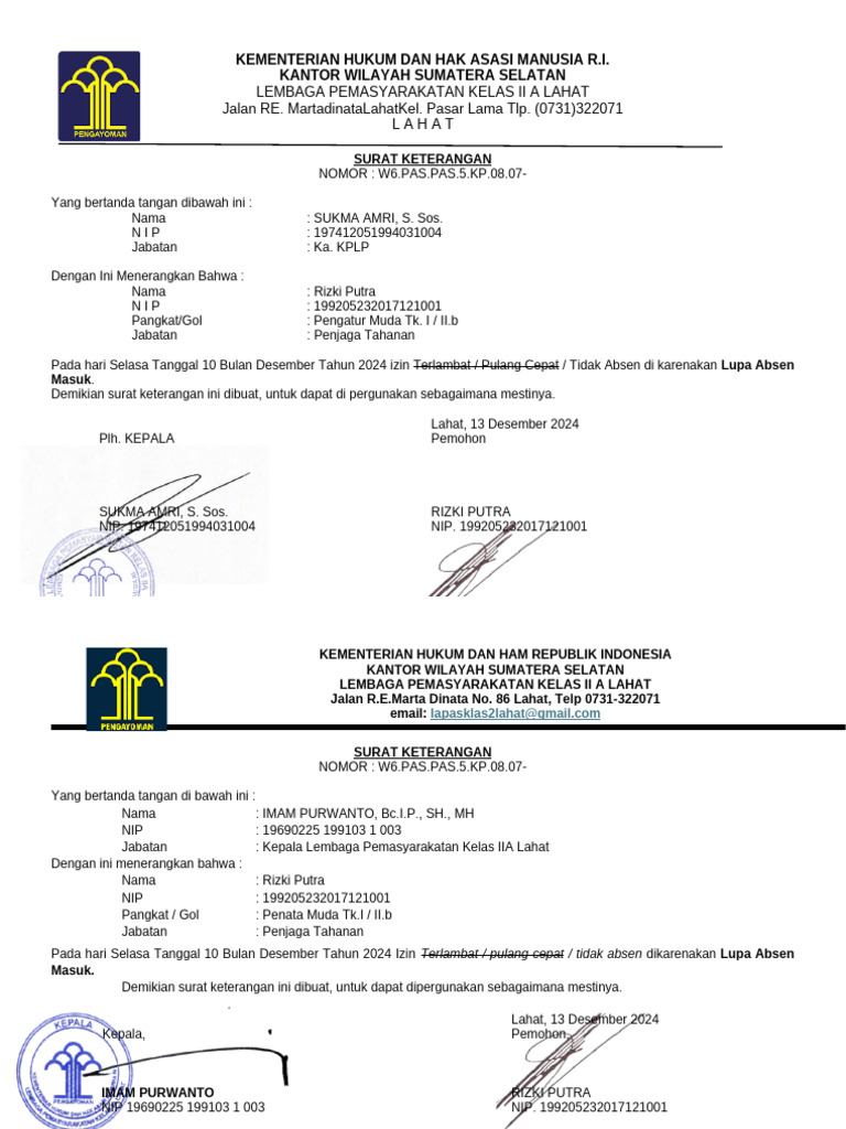 Surat Keterangan Izin Terlambat Rizki Putra | PDF