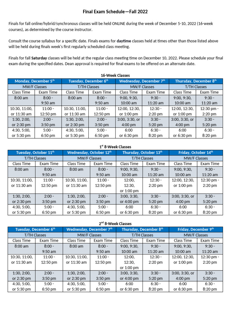 Final Exam Schedule 2022-2023 Revised | PDF
