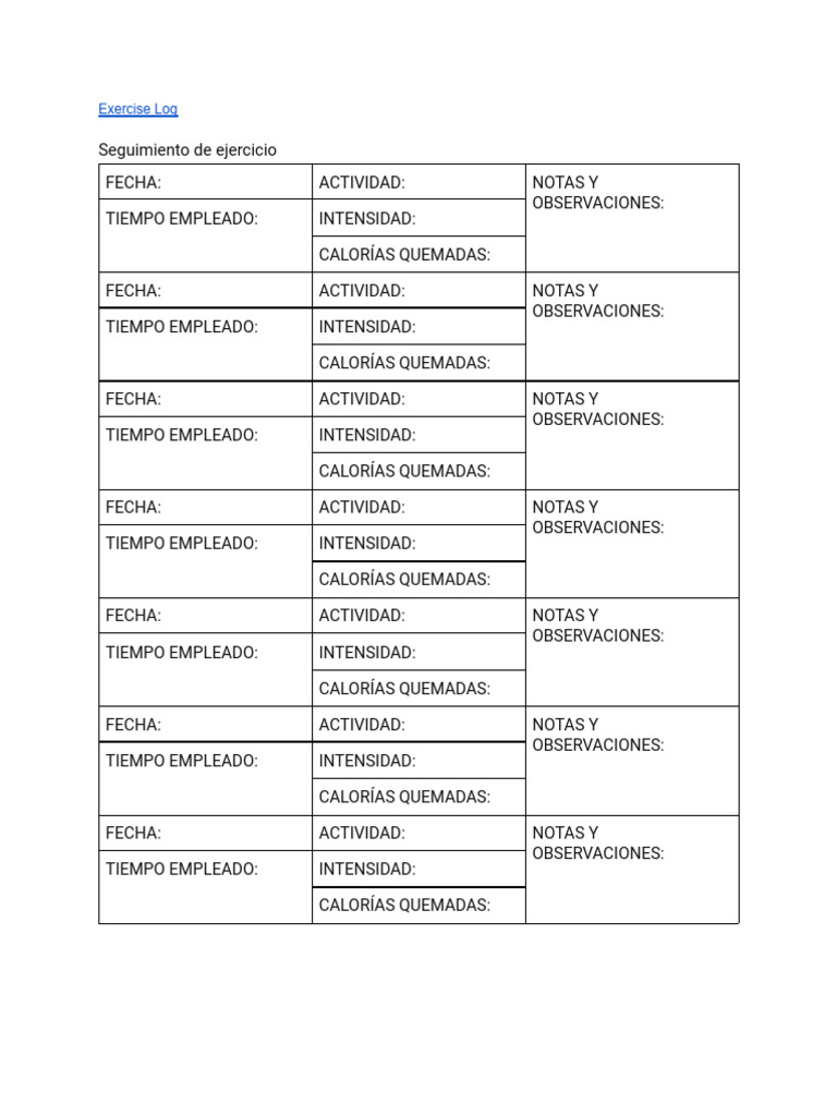 Exercise Log Spanish | PDF