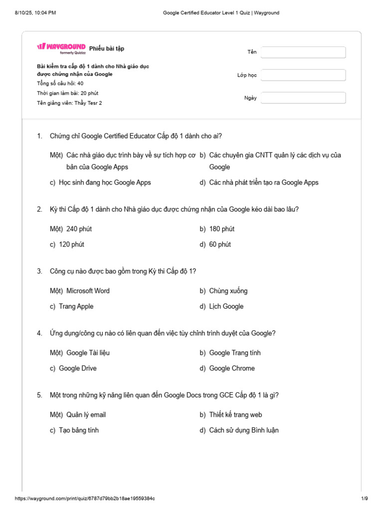 Google Certified Educator Level 1 Quiz - Wayground 3 | PDF