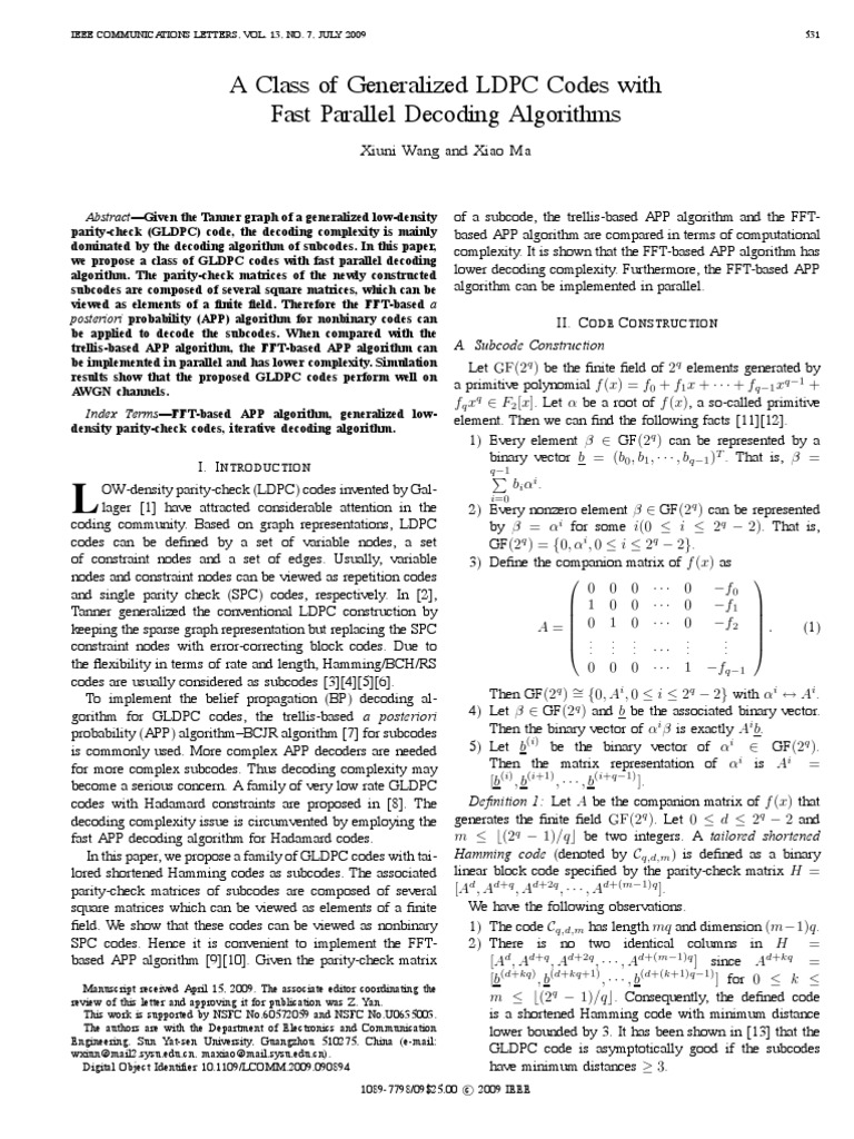 A Class Of Generalized Ldpc Codes With Pdf Low Density Parity Check Code Algorithms And