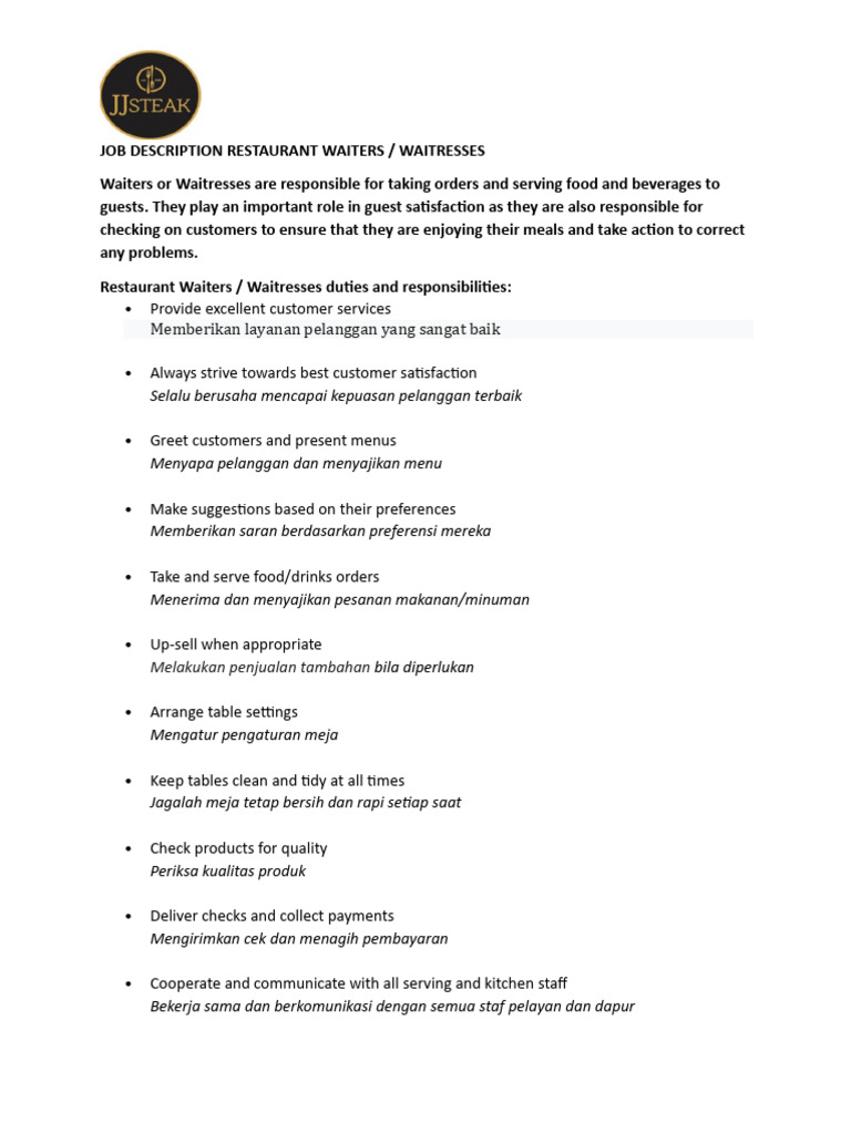 Job Description Restaurant Waiter I Waitress | PDF
