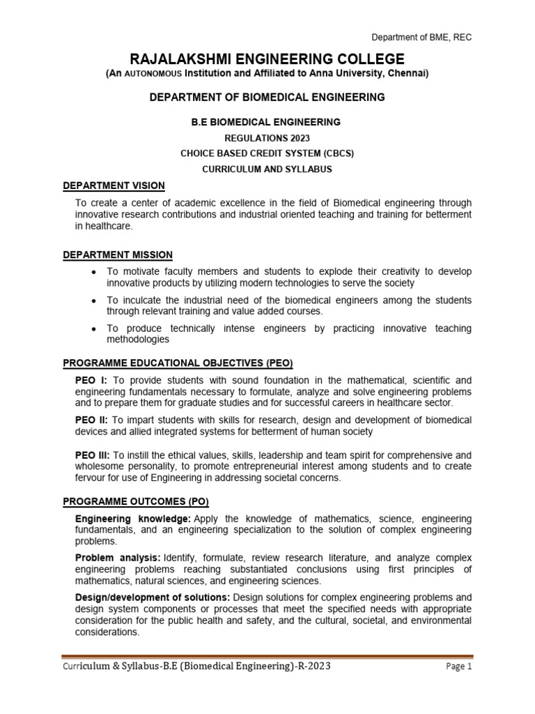 R2023 Bme Curriculum And Syllabus Pdf Matrix Mathematics