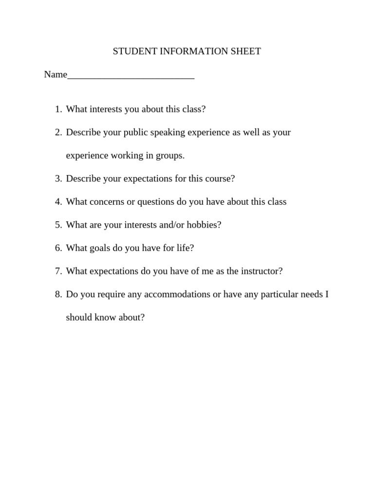 Student Information Sheet Template | PDF