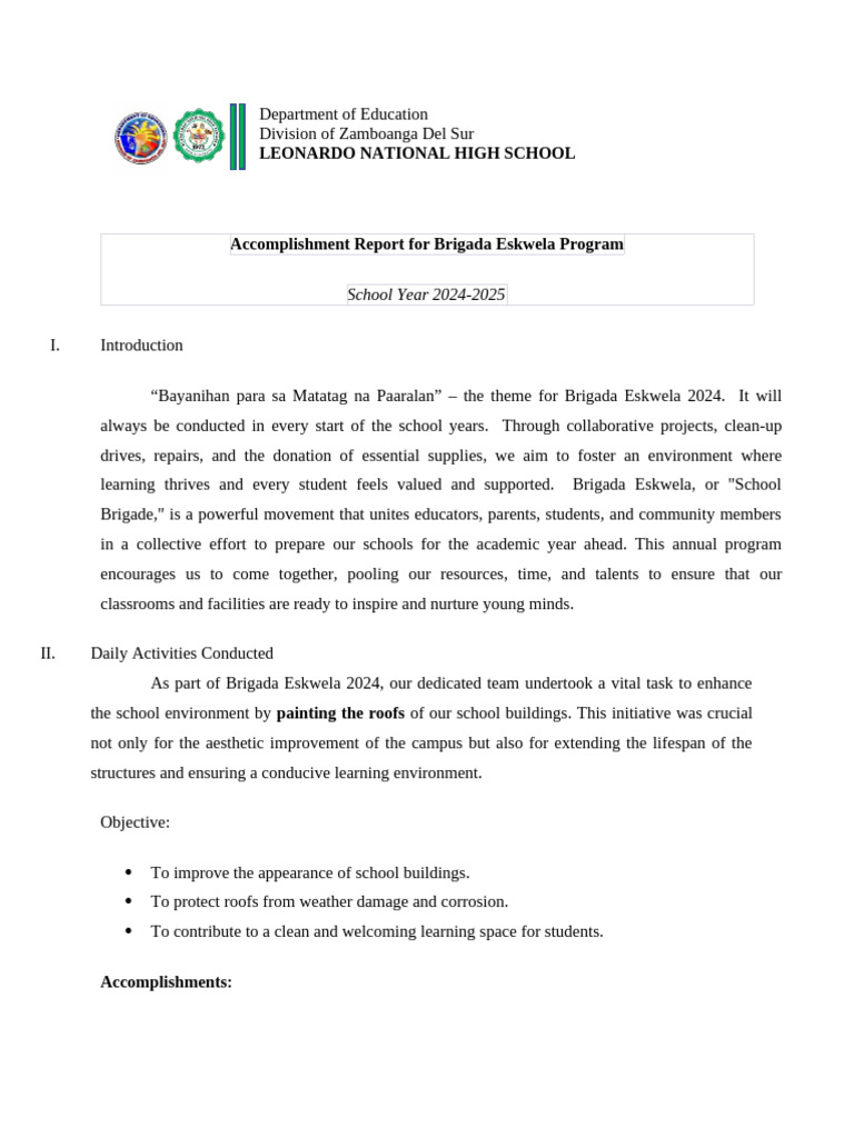 Accomplishment Report For Brigada | PDF | Paintings | Schools