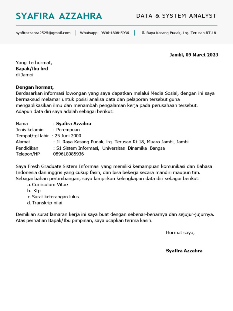 Lamaran Kerja Data Analyst Syafira Azzahra | PDF