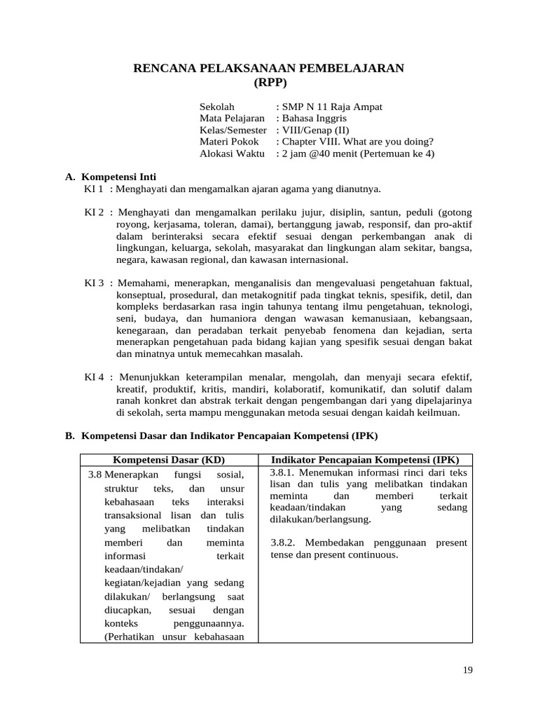 RPP Pertemuan Ke 4 What Are You Doing | PDF