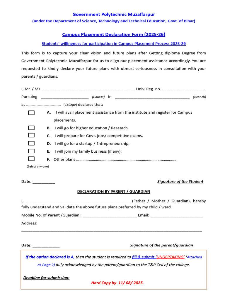 Campus Placement Declaration Form - DSTTE - Docx - G P Muz 2025-26 | PDF | Educational Stages