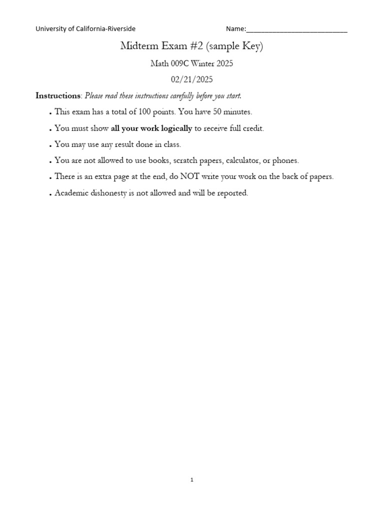 Sample Midterm Exam #2 Math 009C - Winter 2025 - Key | PDF | Mathematics