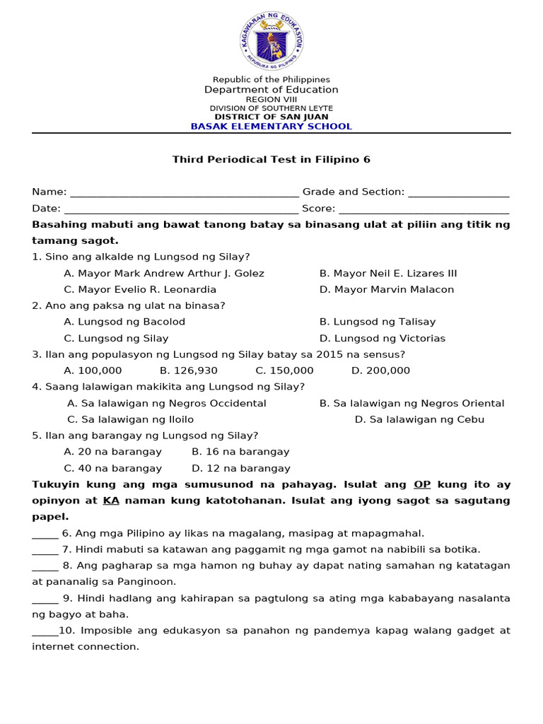Third Periodical Test in Filipino 6 | PDF