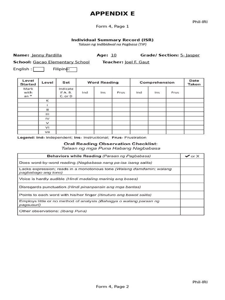 Appendix e Forms Post Oral Reading Test | PDF