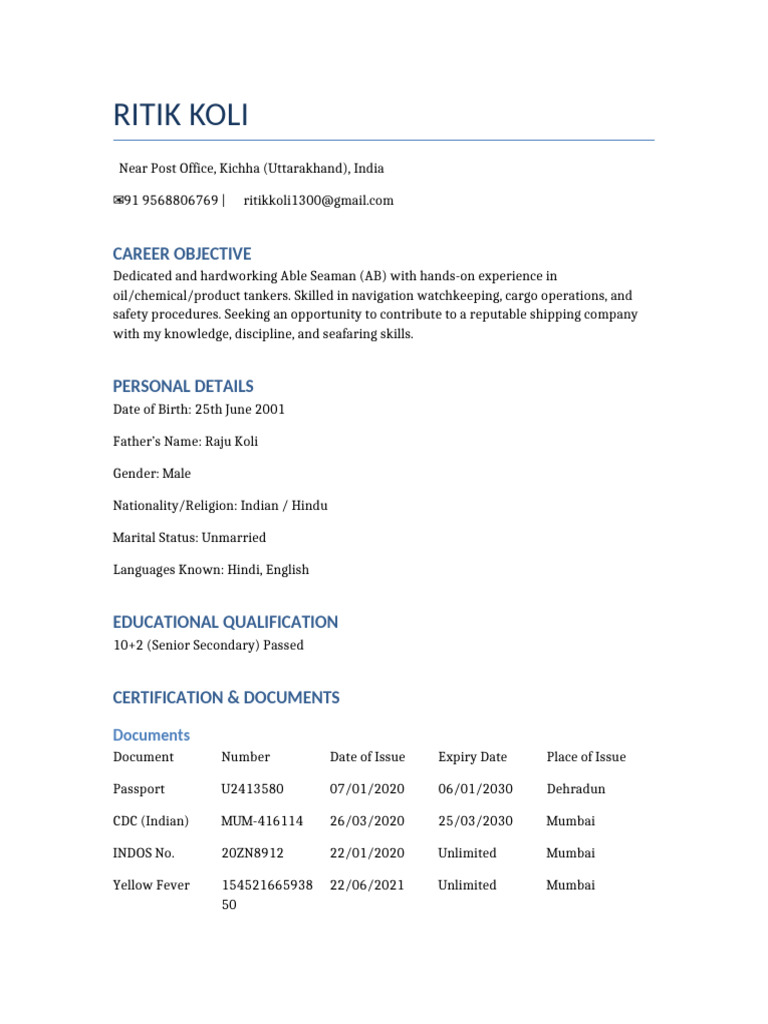 Ritik Koli Merchant Navy Resume | PDF | Shipping | Water Transport