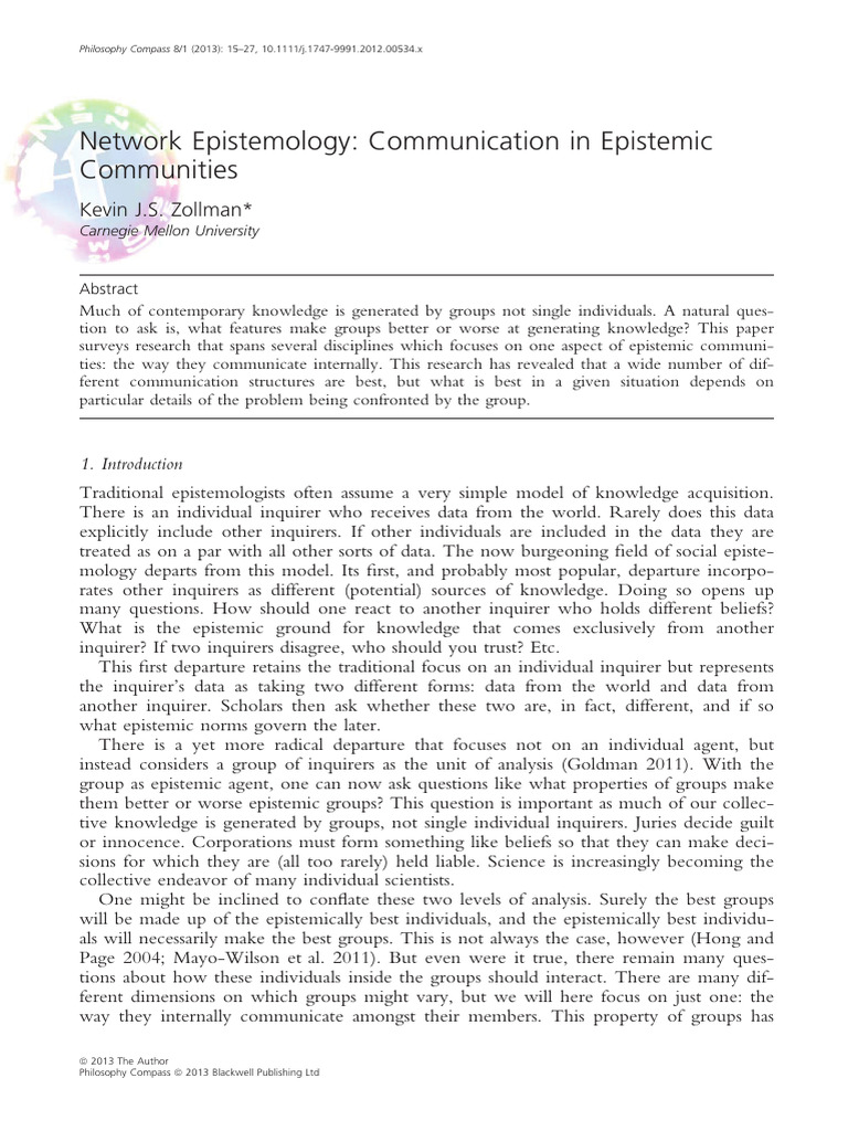 Network Epistemology: Communication in Epistemic Communities | PDF | Epistemology | Knowledge