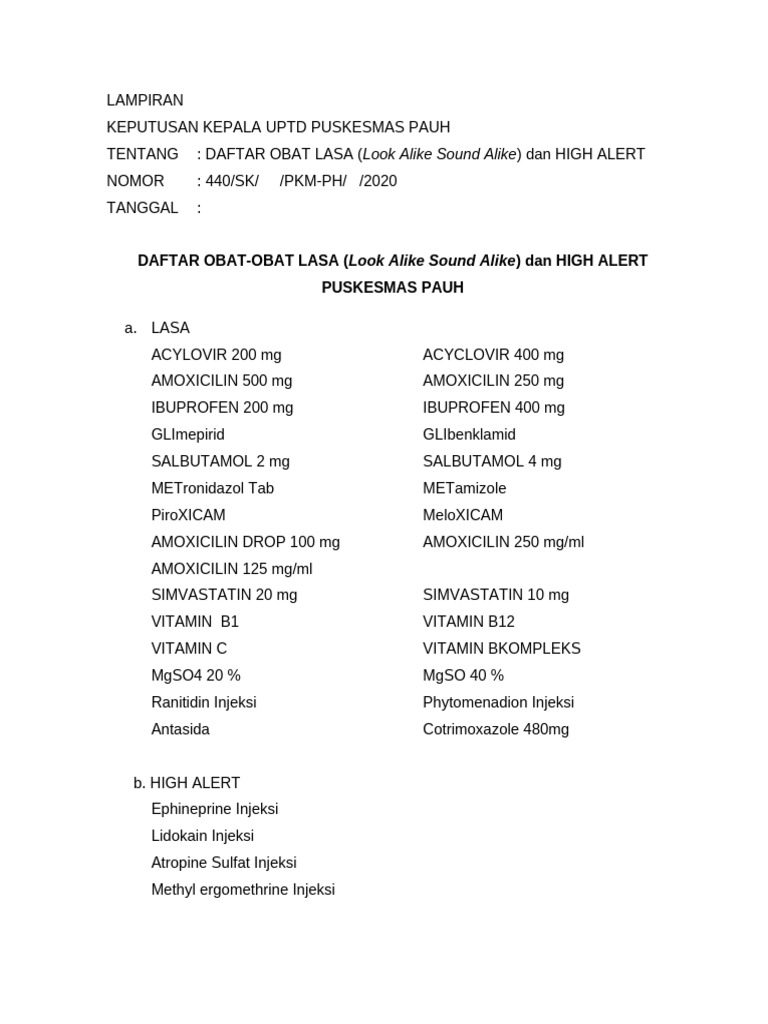 Daftar PENYEDIAAN OBAT LASA HIGH ALERT DI UNIT KERJA | PDF
